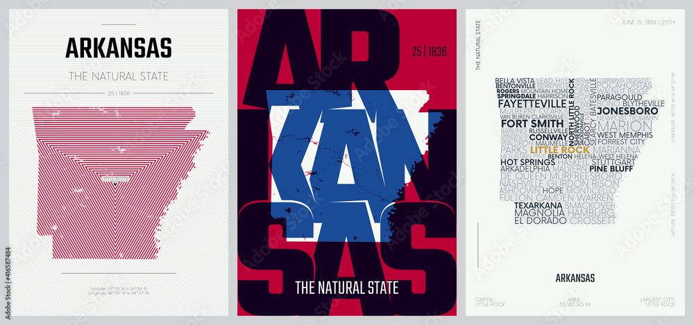 25 of 50 sets, US State Posters with name and Information in 3 Design ...