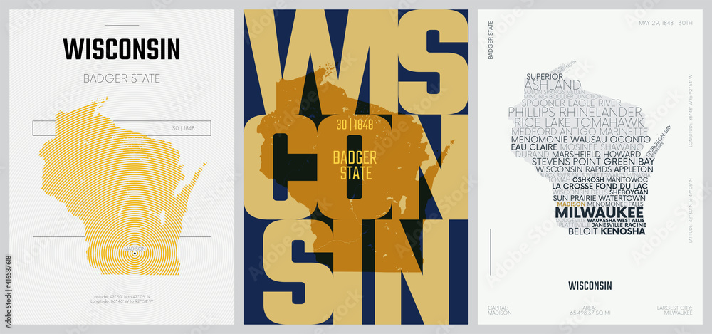 Vetor de 30 of 50 sets, US State Posters with name and Information in 3 ...