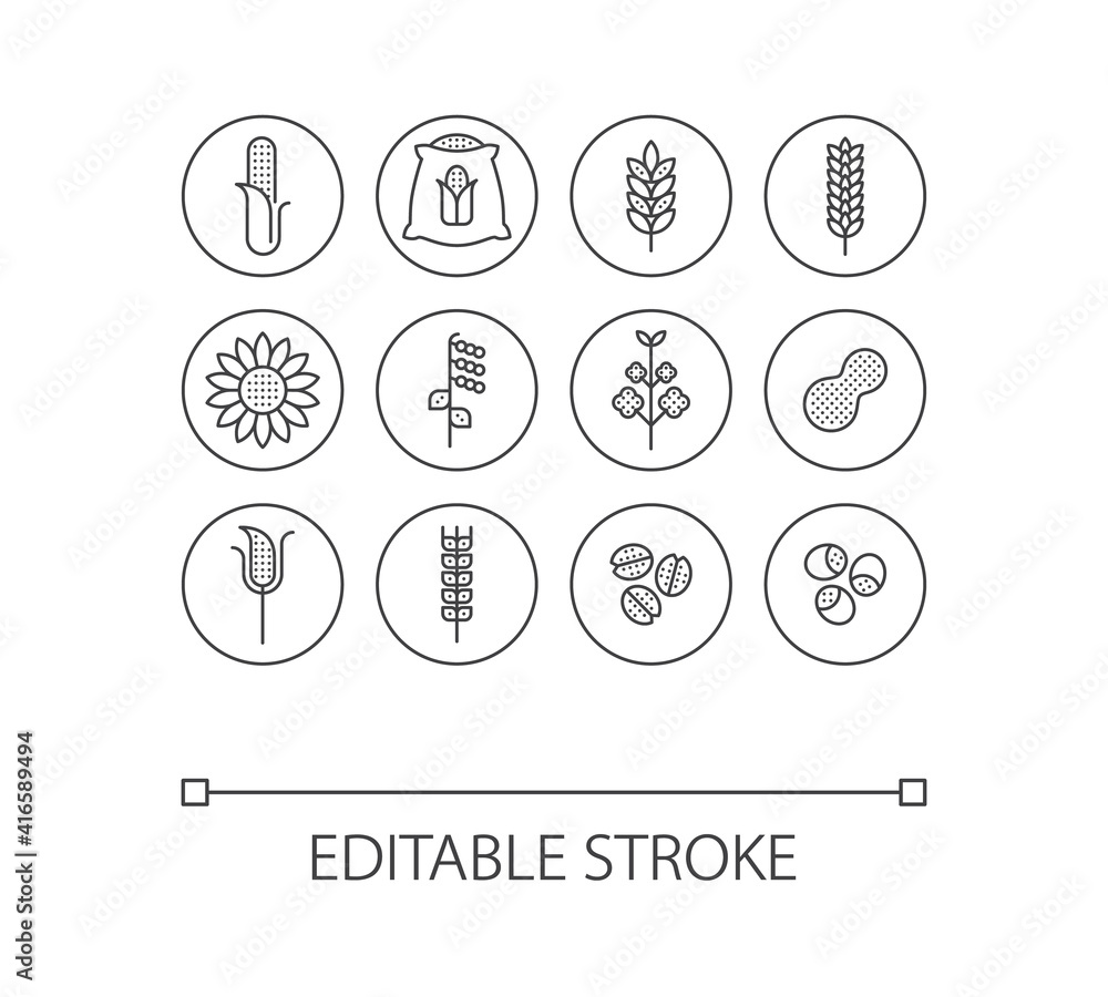 Grains line icon set. Grain, wheat, corn, seeds, sunflower, beans ...