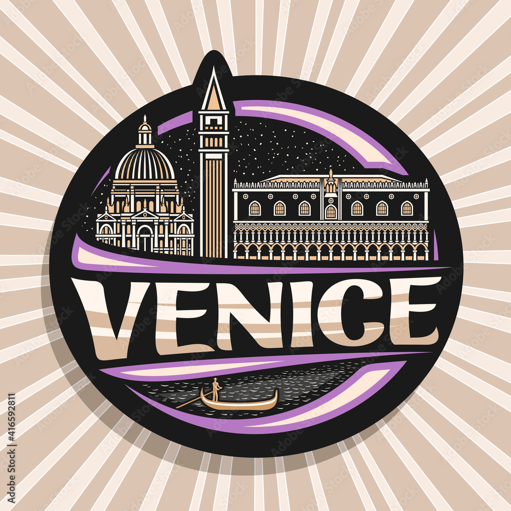 Vector logo for Venice, black decorative round tag with outline ...
