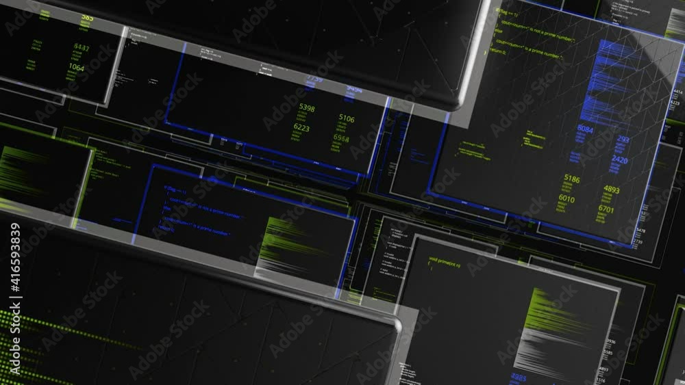 3d cells with numeric data. Animation. Set of tiers and rows in virtual database with numerical ...