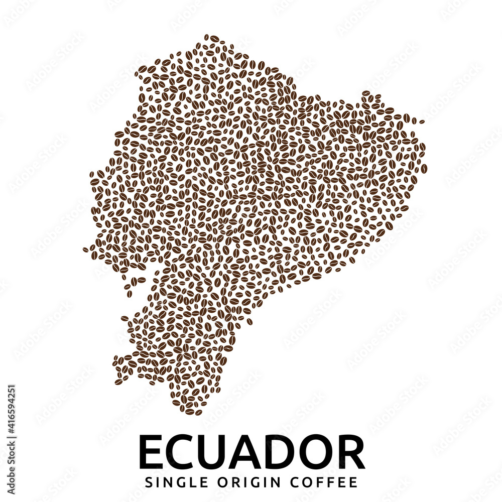 Shape of Ecuador map made of scattered coffee beans, country name below ...