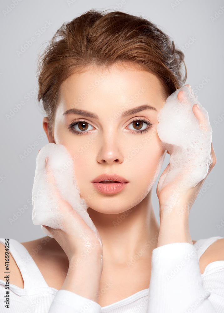 Beautiful face of young caucasian woman with perfect healthy skin ...