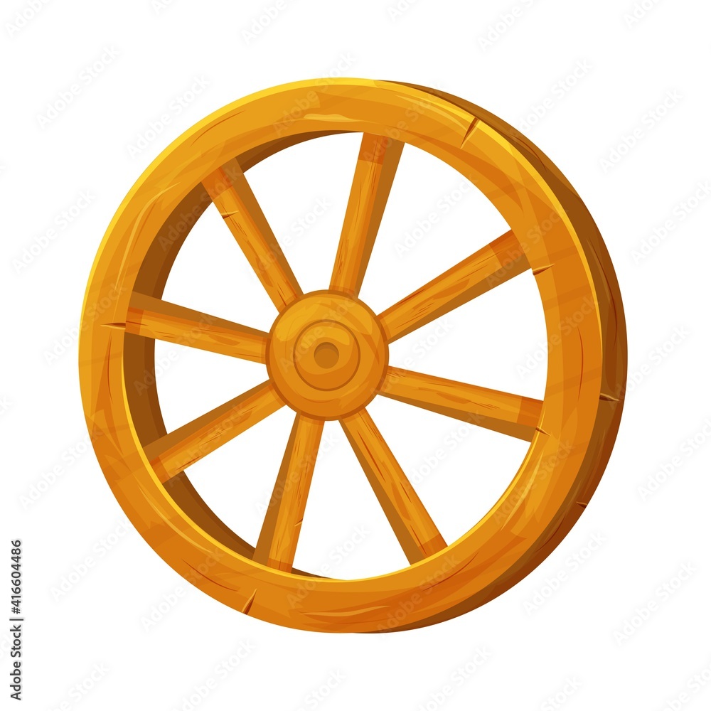 Wooden wheel in cartoon style, textured and detailed isolated on white ...
