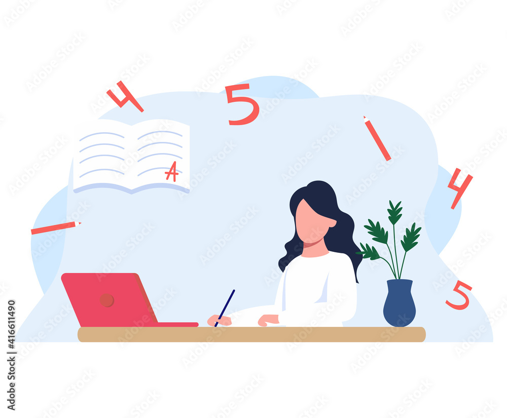 Young girl sitting at her Desk and looking at the computer, office at ...