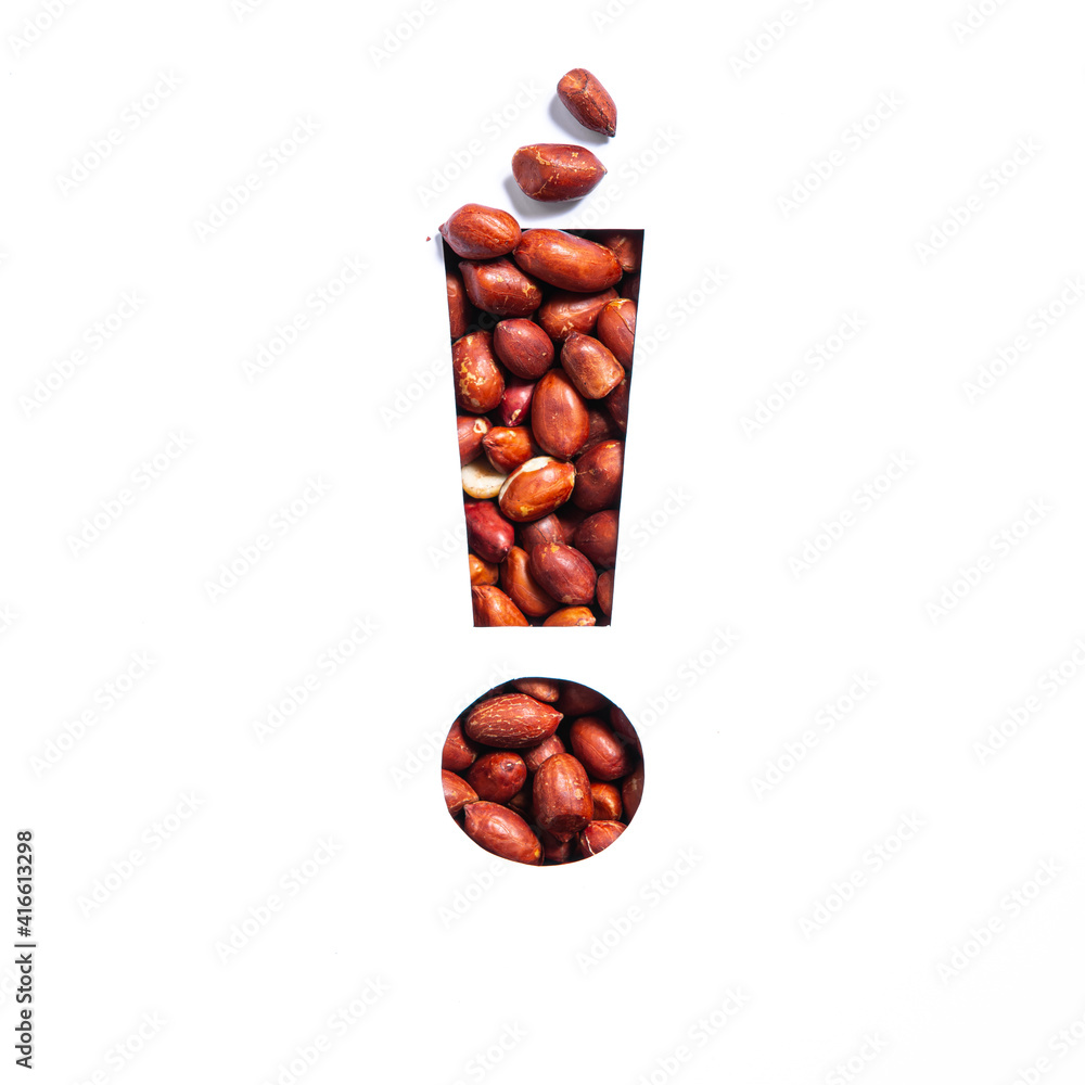 Exclamation mark of peanuts, cut paper isolated on white. Nuts font of ...