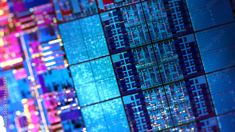 Computer CPU chip on silicon wafer. close up shot of electronic system ...