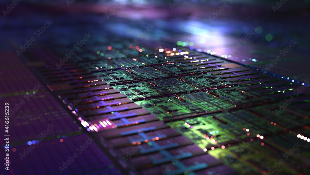 Computer CPU chip on silicon wafer. close up shot of electronic system ...