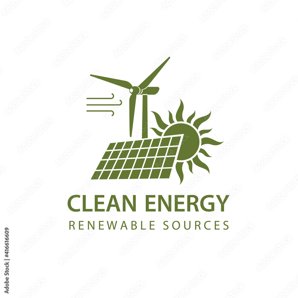 renewable energy icon with wind turbine, solar panel and sun isolated on white background Stock ...