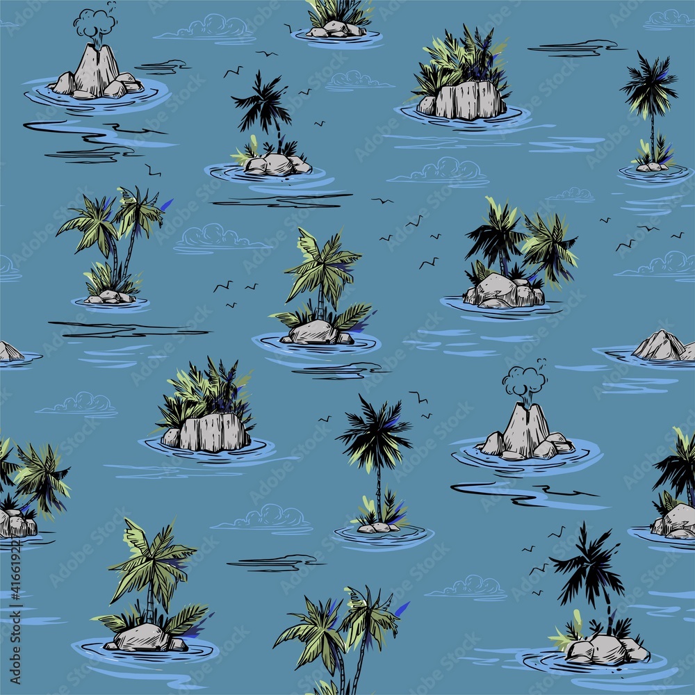 Seamless pattern with tropical islands, sea, palms, Hawaii. Hand drawn ...