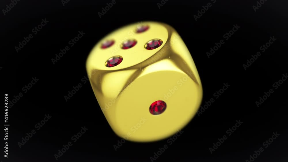 3D animation of one golden dice with precious red stones rotation ...