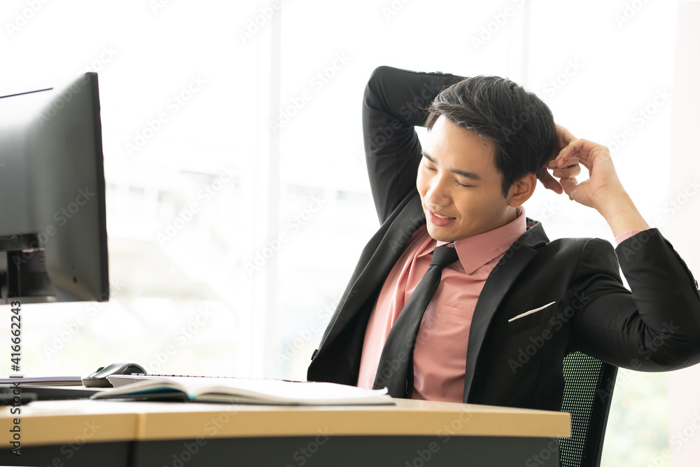 Office syndrome man. Young asian male suffering from neck and back ...