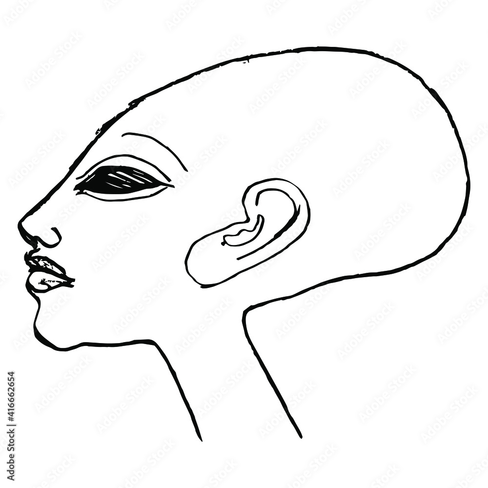 Head of bald ancient Egyptian princess in profile. Daughter of pharaoh ...