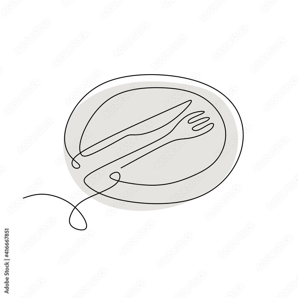 One continuous line plate, knife and fork. Food symbol. Sign of plate ...
