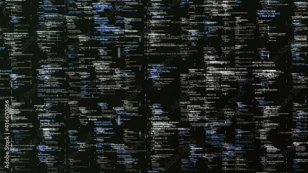 Computer background with many program codes. Animation. Animation of virtual space with flying ...