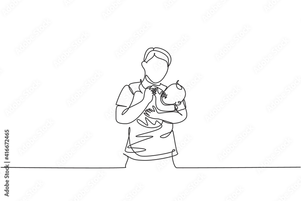 One single line drawing of young father carrying and feeding his baby ...