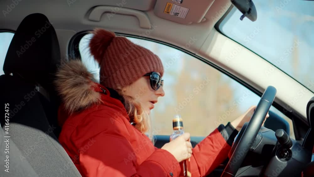 Drunk Driver Sitting On Car.Tired Woman Illegal Vehicle Driving.Drunken ...