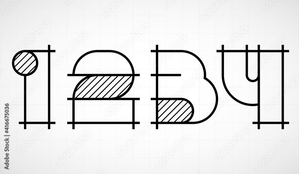 Architech font. Numbers 1234. Graphic black and white alphabet. Linear ...