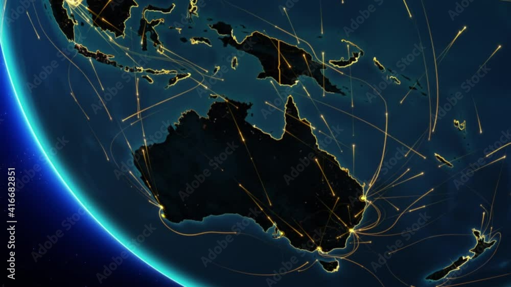 World map with connections. Oceania and Asian map with bright ...