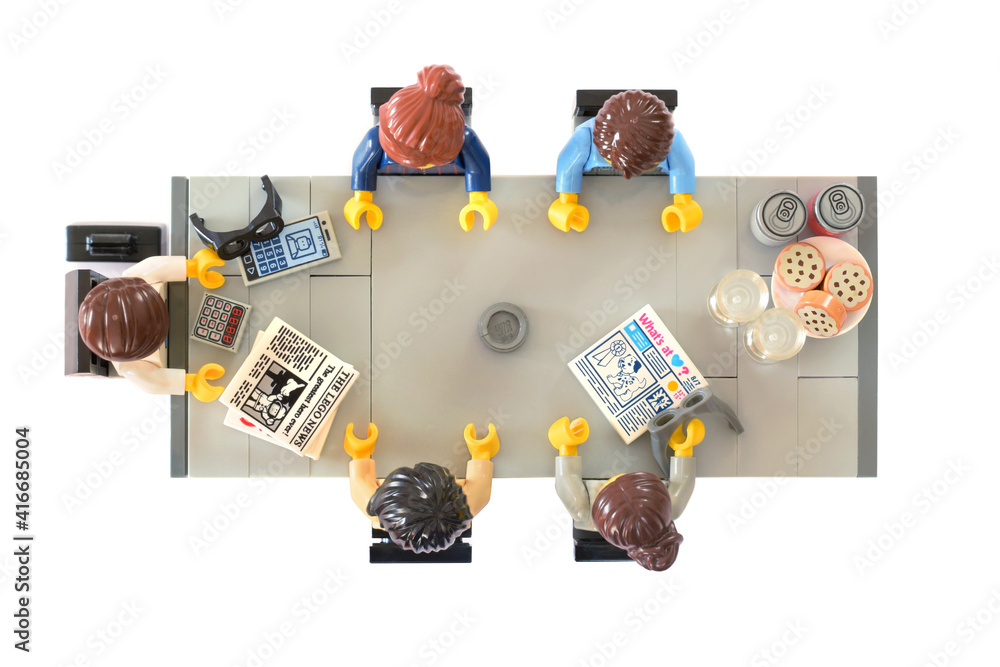 Lego minifigures at business meeting on table view above. Editorial ...