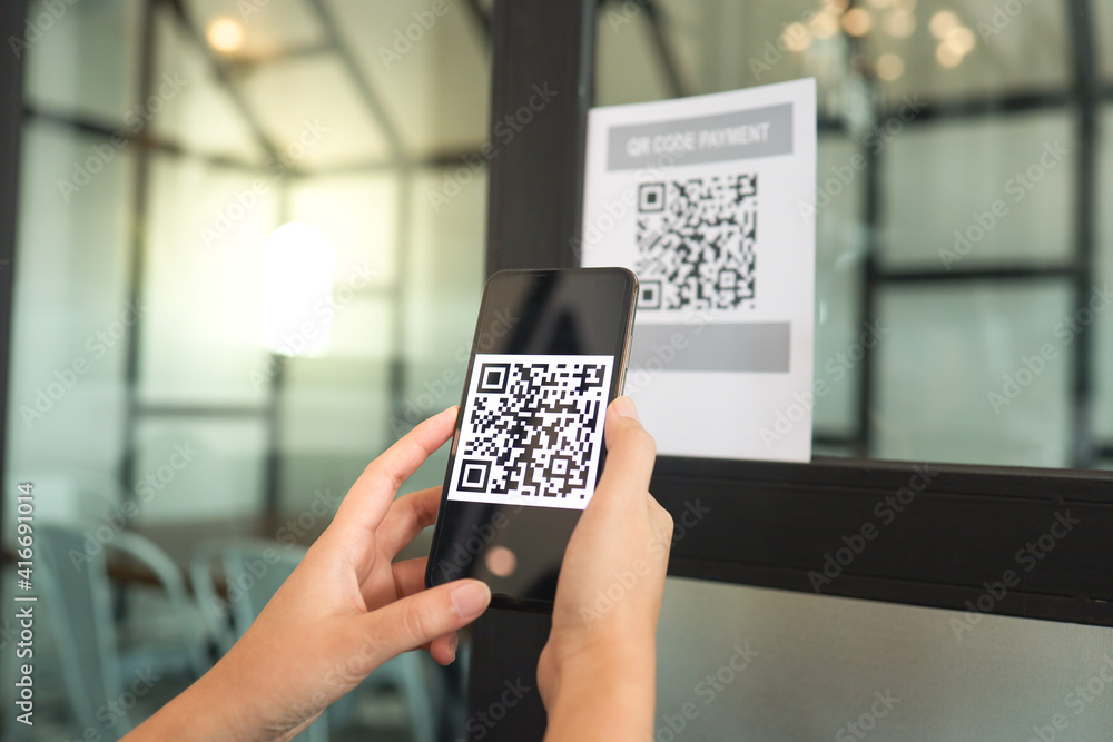 Qr code payment. E wallet. Man scanning tag accepted generate digital ...