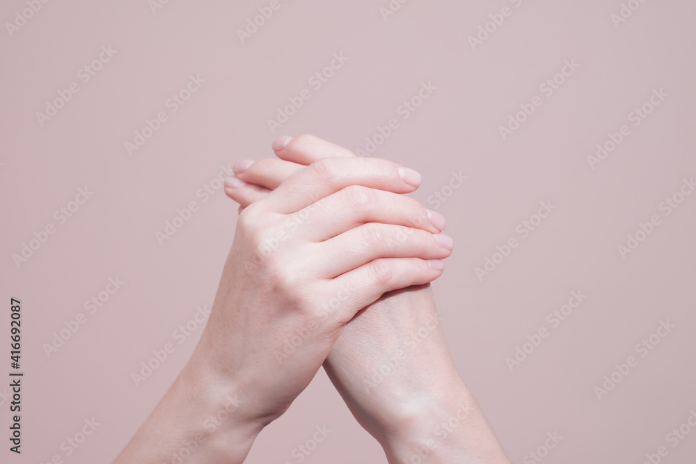 Praying hands gesture. Closeup, copy space. Hand signs communication ...