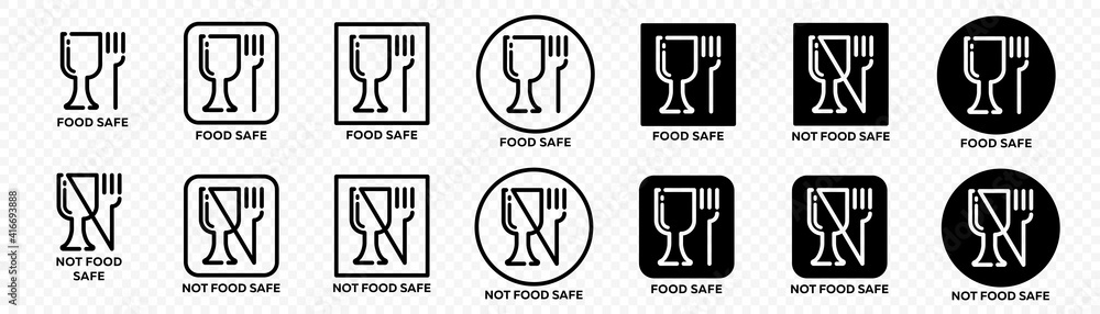 Food grade vector icons set. Wine glass and fork symbols.Icon for safe ...