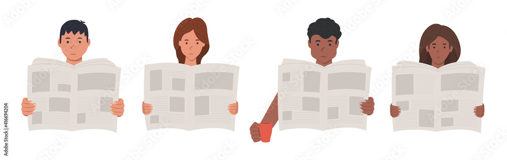Guys and girls are reading a newspaper, characters in a flat style ...