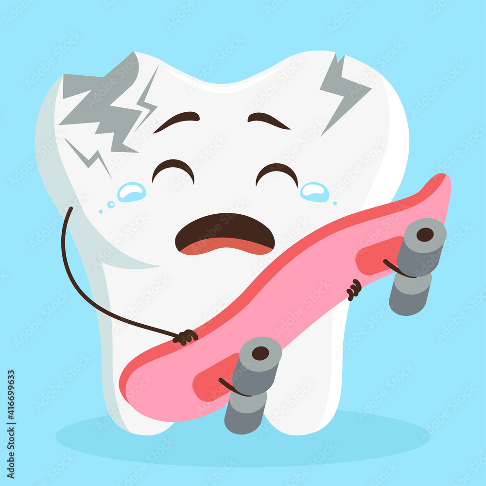 Cute cartoon character tooth broken, cracked. Flat vector illustration ...