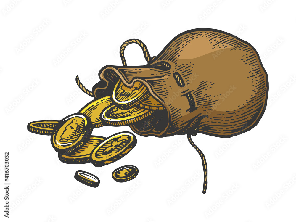 Coin bag color sketch engraving vector illustration. Scratch board ...