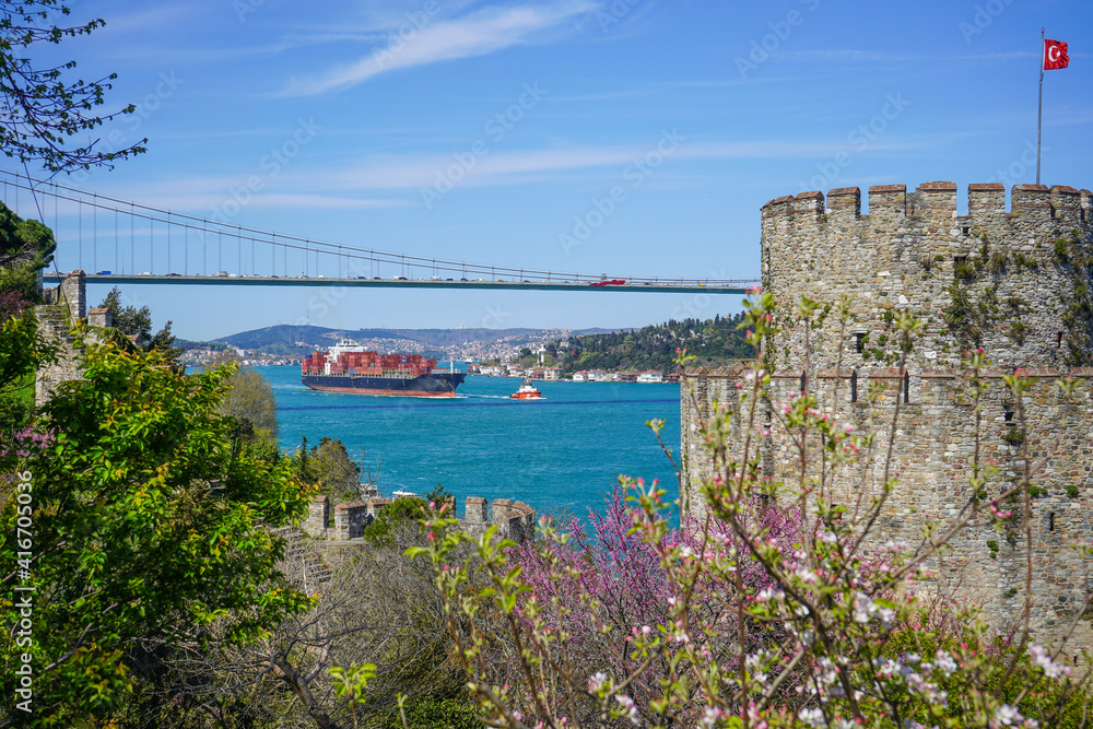 Sea transportation, Bosphorus. Rumelihisari, Rumelian Castle, Roumeli ...