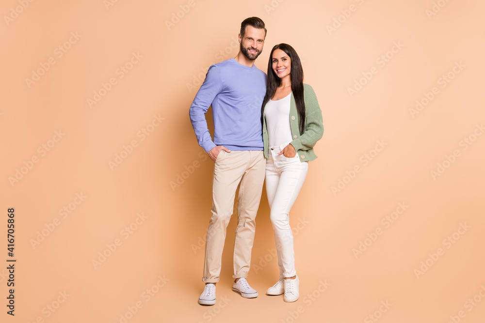 Full length body size view of attractive cheerful couple soulmates ...