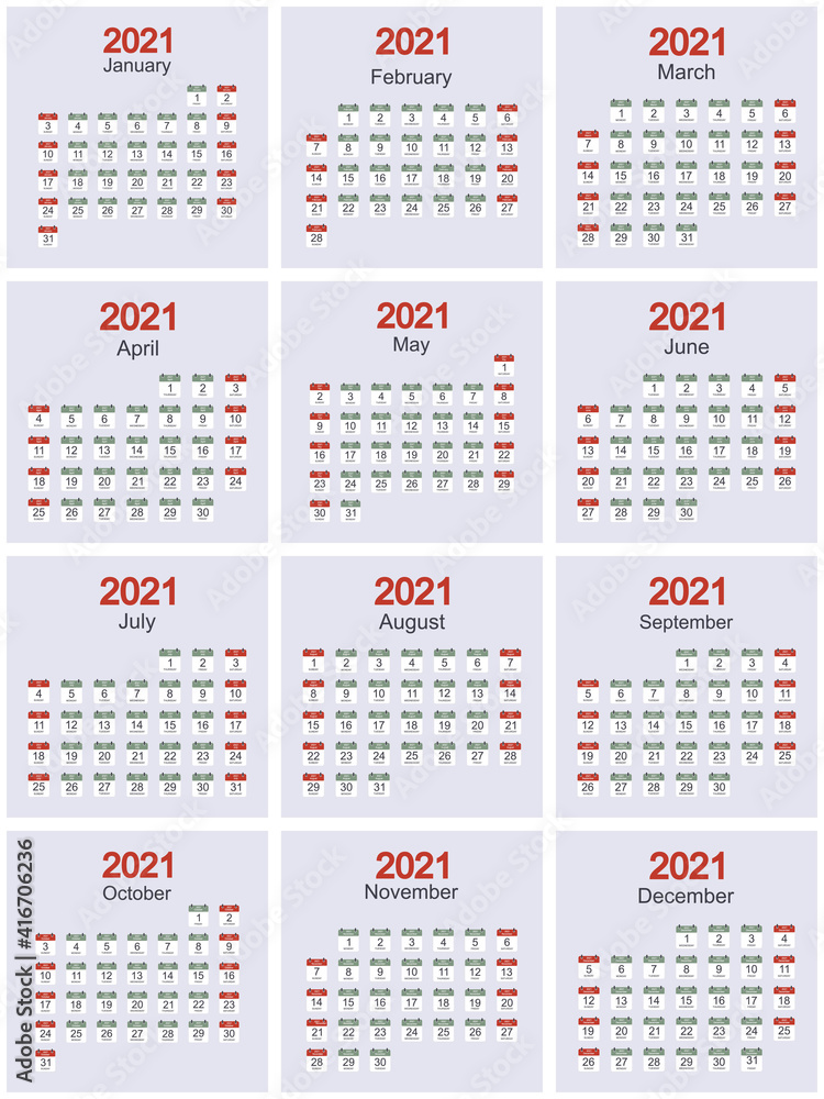 Monthly calendar template for 2021 with daily date. Week starts on ...