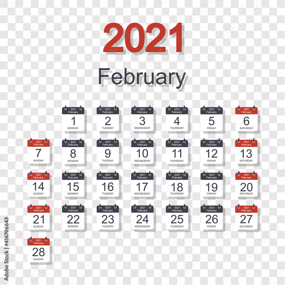 Monthly calendar template for February 2021 with daily date. On ...