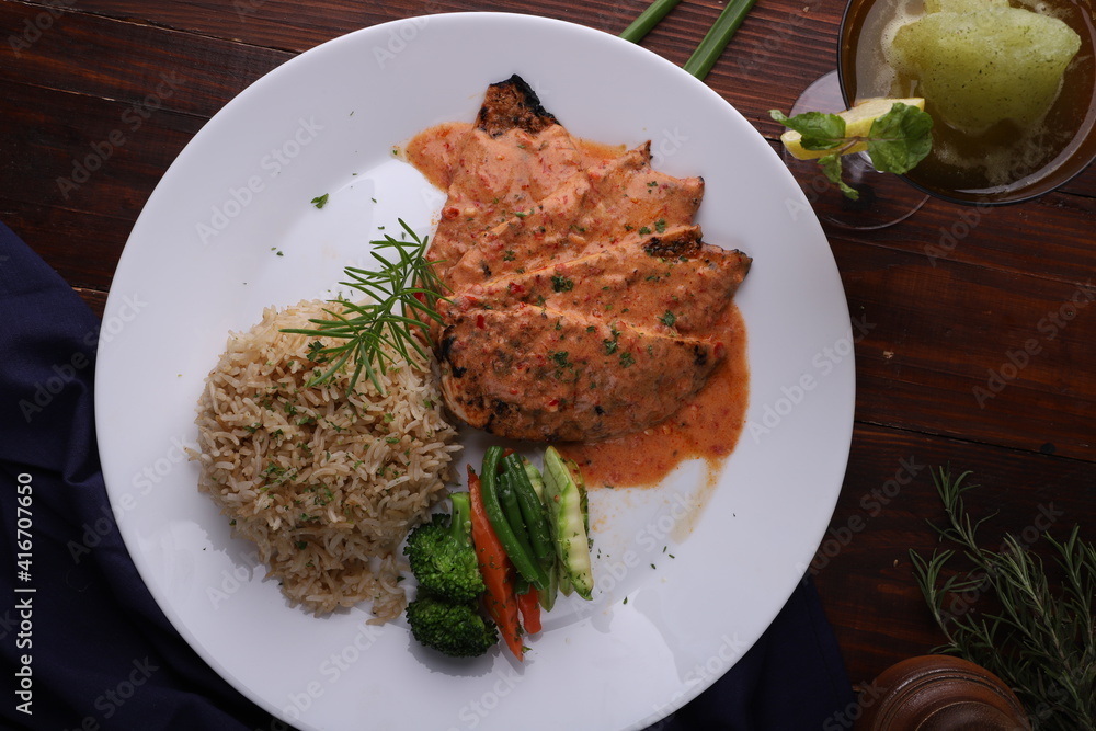 Orange Chicken continental dish food photography with sauce dripping on ...