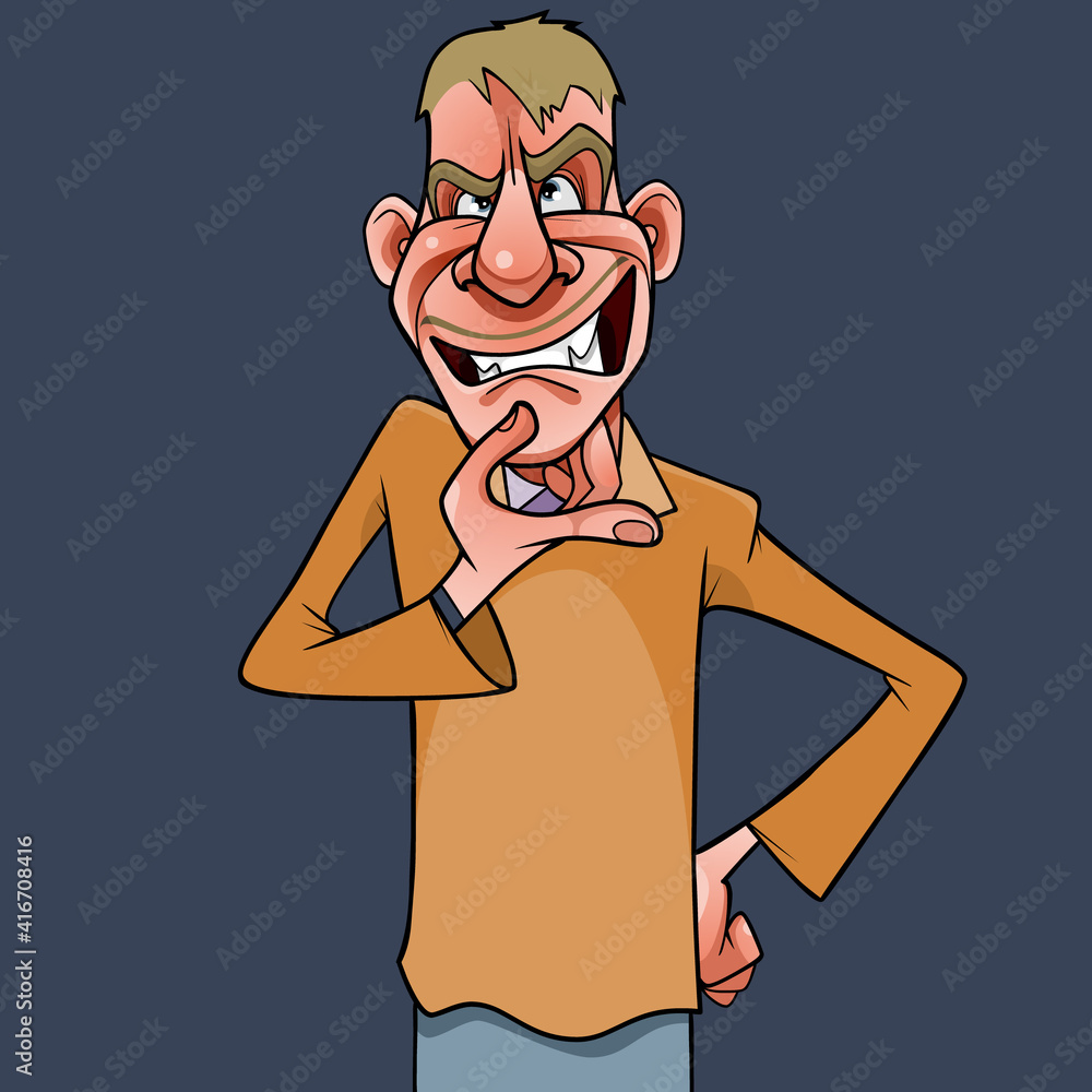 cartoon malevolent man deep in thought touching his chin with his hand ...