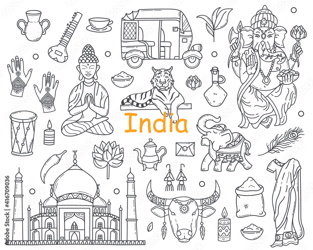 Vector Set of Indian Doodle Elements, Landmark, National Symbols in ...