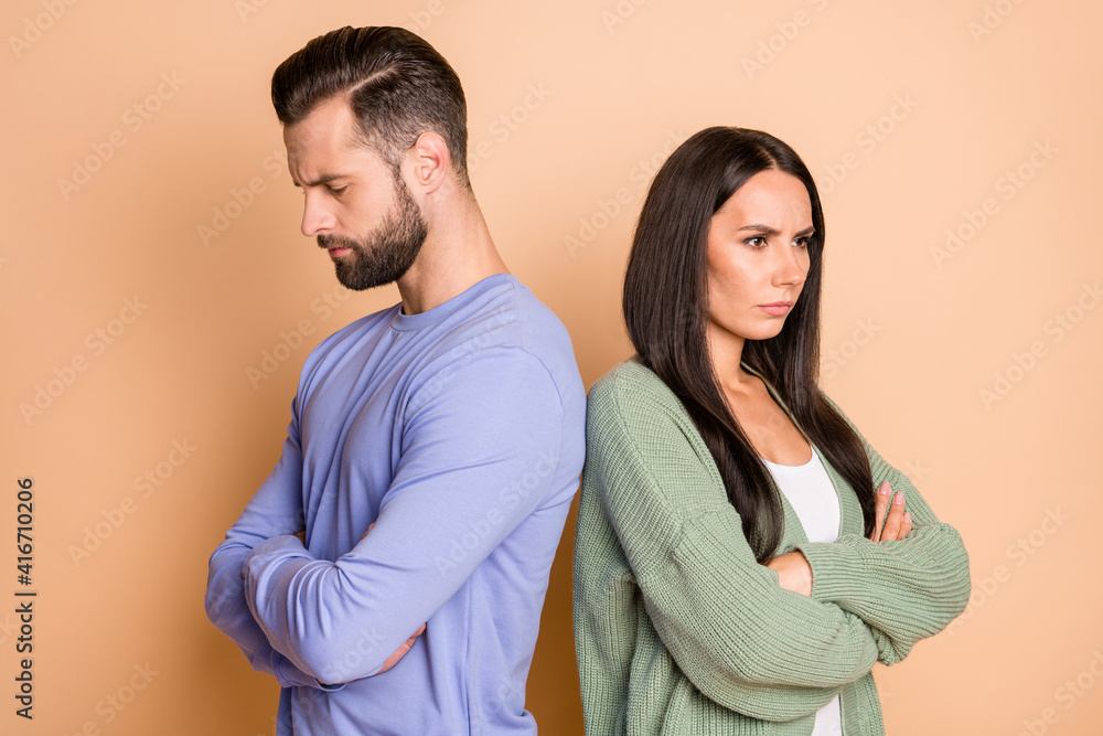 Back-to-back photo of young unhappy upset sad couple wife and husband ...
