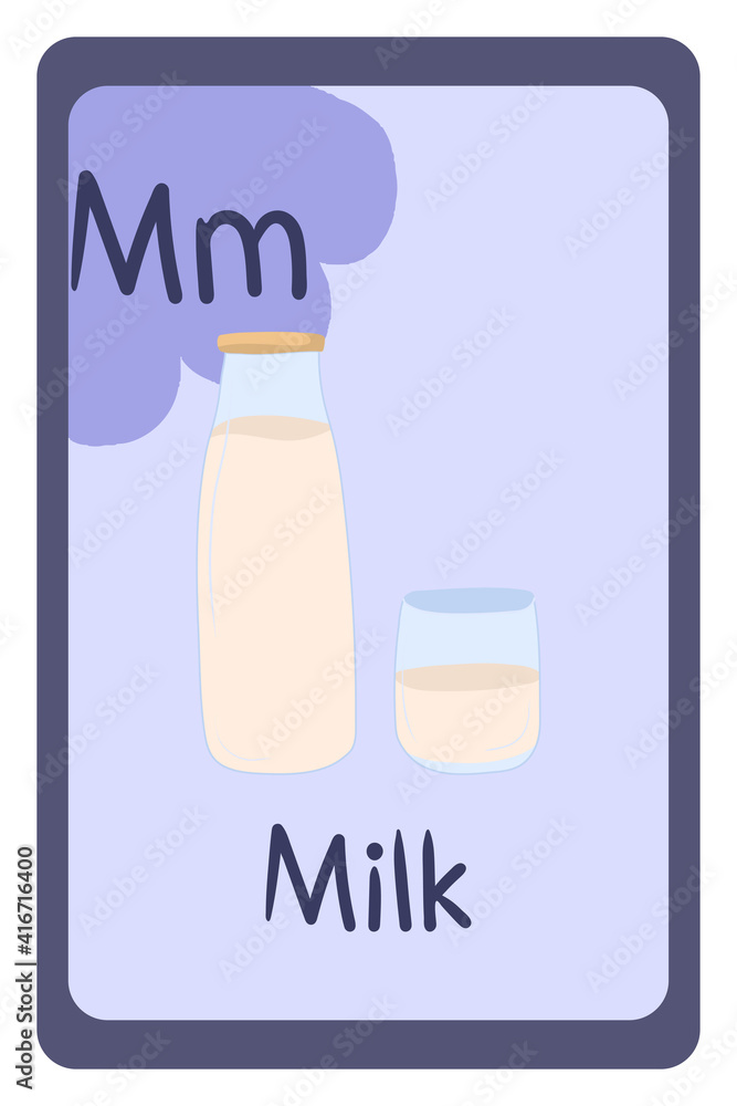 Colorful abc education flash card, Letter M - milk in bottle and glass ...