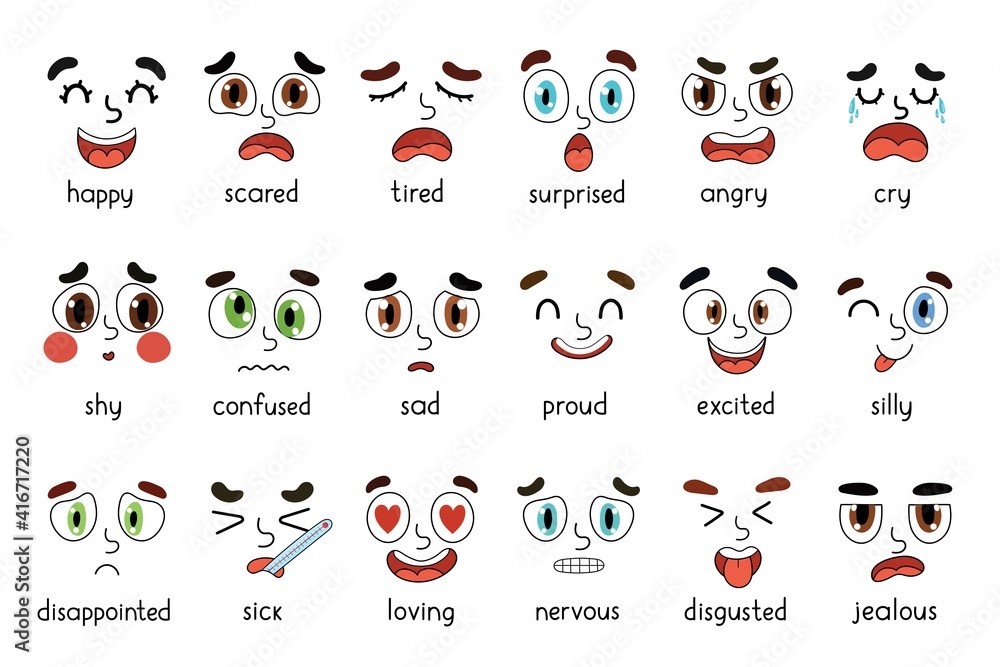 Emotions faces set. Different emotional expressions bundle. Learning ...