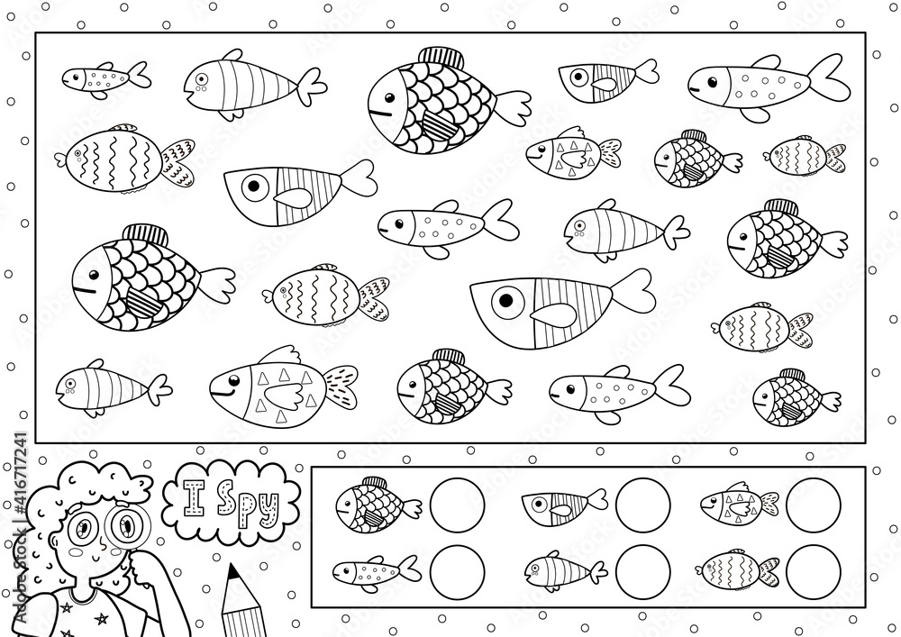 I spy game coloring page for kids. Find and count cute fish. Search the ...