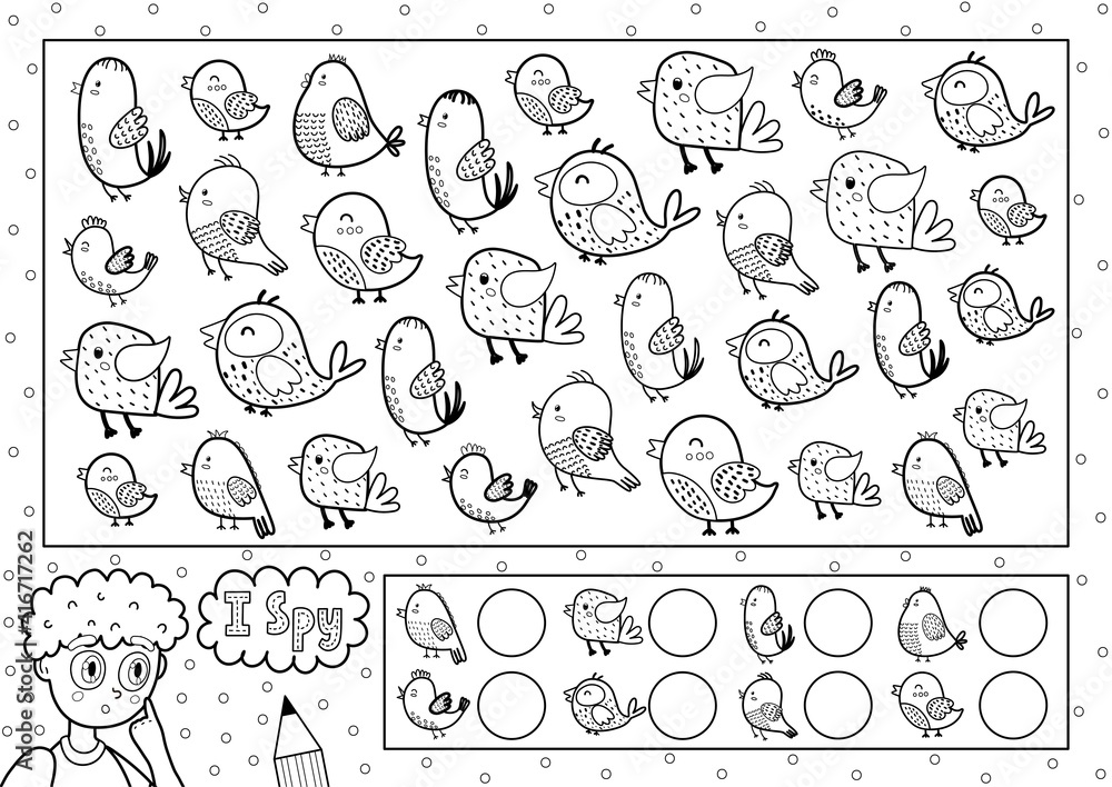Vetor De I Spy Game Coloring Page For Kids Find And Count Cute Birds vetor-de-i-spy-game-coloring-page-for-kids-find-and-count-cute-birds