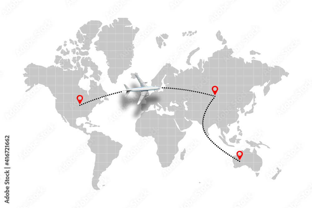 Airplane flight path concept on world map with points Stock Photo ...
