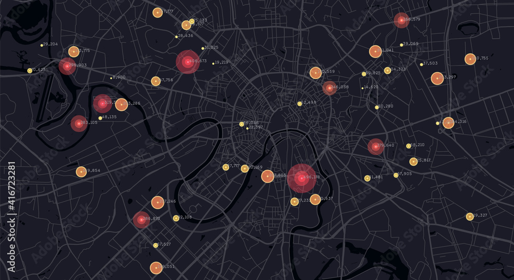 Smart city. Big data map. Urban data analysis. City clusters big data ...
