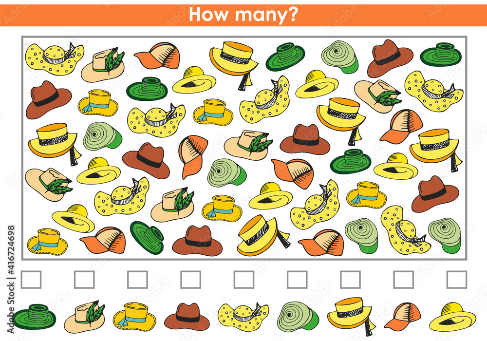 Count how many summer hats. Counting game for kids. Development of ...