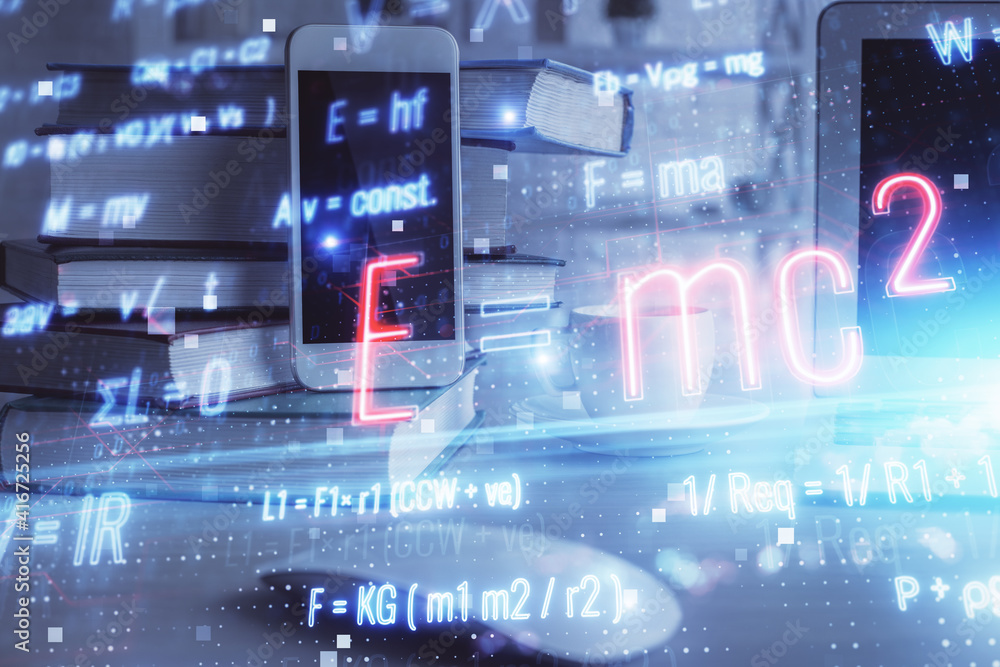 Double exposure of formula drawing and mobile phone background. Concept ...
