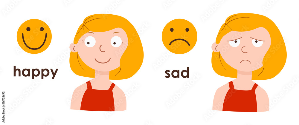 Happy and sad face of a little girl. Changing emotions, teaching ...