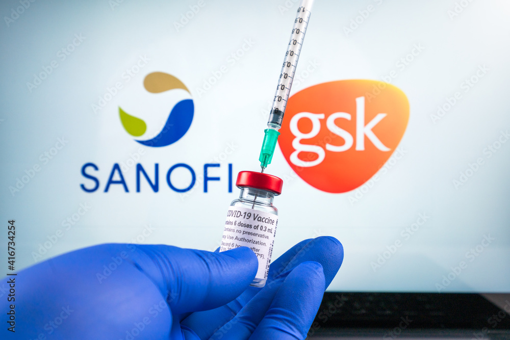 Foto de sanofi and gsk logo and covid-19 coronavaccine injection vial ...