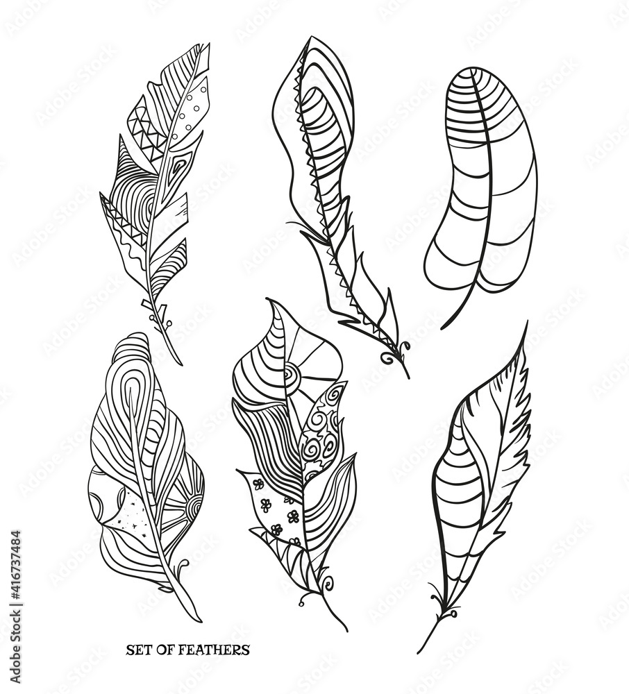 Feathers. Design Zentangle. Hand drawn feathers with patterns on ...