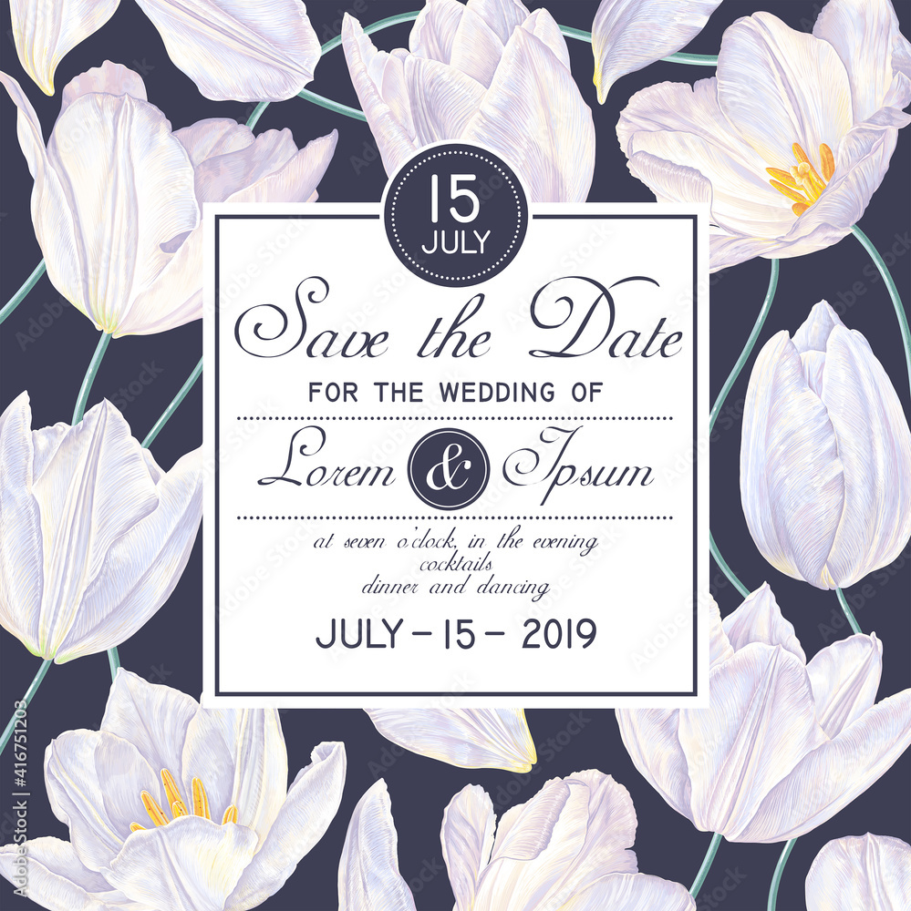 Square Save the Date card template with white tulip flowers. Spring ...